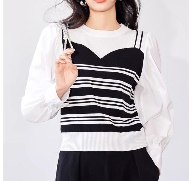 トップス レディース カットソーブラウス プルオーバー レイヤード風 重ね着風 ラウンドネック クルーネック 長袖 パフスリーブ ボリューム袖 ベスト風 キャミソール風 大人可愛い シンプル カジュアル おしゃれ お洒落 かっこいい こなれ感 抜け感 存在感 S M L 楽ちん 白