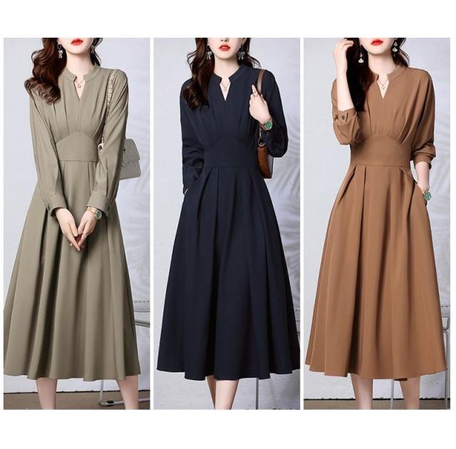 ワンピース レディース ロングワンピース ママスーツ スワンネック 長袖 Aライン フレア タック ウエストマーク 大人可愛い きれいめ 上品 おしゃれ お洒落 かっこいい レトロ 大人女子 フェミニン エレガント 清楚 存在感 抜け感 こなれ感 高見え M L XL 2XL 3XL ブラウン