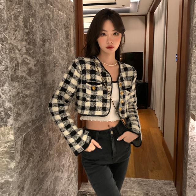 アウター レディース ジャケット ツイードジャケット ショートジャケット 袖あり 長袖 Vネック ギンガムチェック ボタン 金ボタン メタルボタン ポケット かわいい 大人可愛い きれいめ シンプル 大人 上品 おしゃれ お洒落 かっこいい レトロ 大人女子 こなれ感 クール
