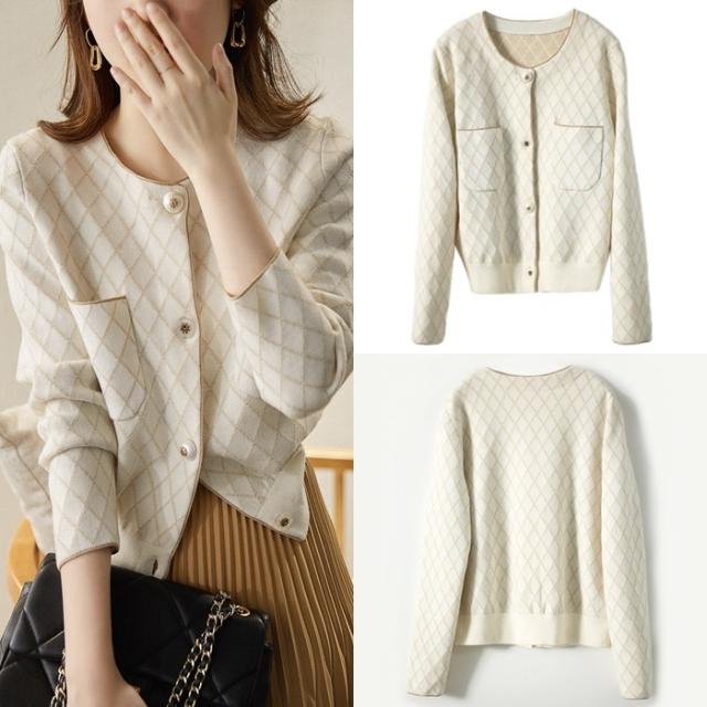 カーディガン レディース トップス M L ホワイト 白 ダイヤ柄 クロス 大人カラー ニュアンスカラー ニット クルーネック ポケット フロントボタン 前開き 秋 冬 長袖 ショート丈 スリム 細身 コンパクト ママ フェミニン ナチュラル カジュアル きれいめ きれカジ モテ