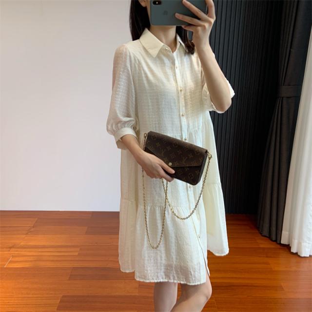 ワンピース プルオーバー ミディスカート 膝上 7分袖 七分袖 スリム 細身 シフォン ボタン かわいい 大人可愛い きれいめ シンプル カジュアル おしゃれ お洒落 レトロ 大人女子 こなれ感 ガーリー 春 夏 秋 10代 20代 レディース 女性用 デート お出かけ 女子会 休日