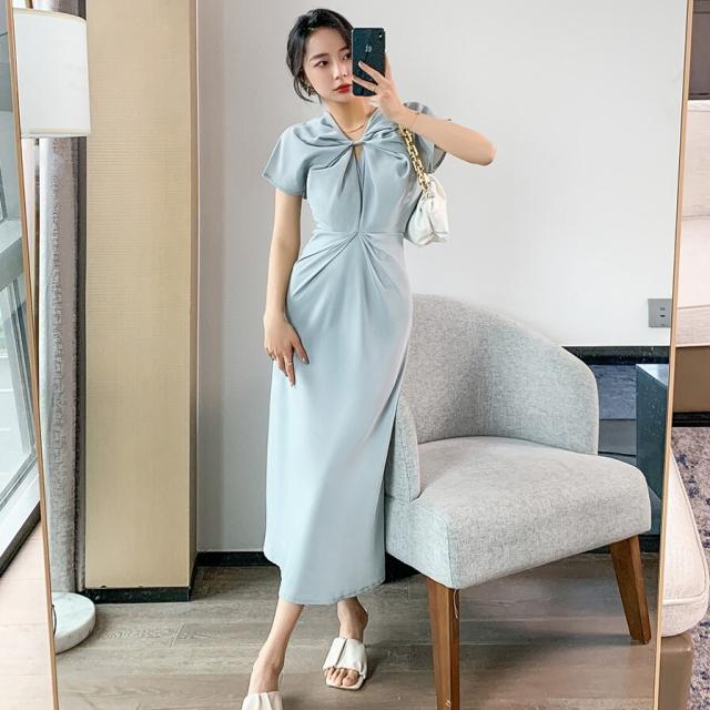 ドレス ミディスカート ミモレ ミモレ丈 ロング ロング丈 半袖 Vネック フレア ストレート Aライン シフォン リボン ファスナー ハイウエスト 大人可愛い きれいめ シンプル 大人 上品 大人女子 ラブリー ガーリー クール セクシー エレガント 主役級 存在感 無地 夏 誕生日