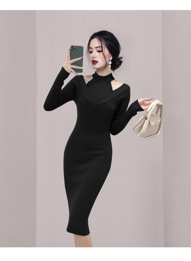 秋 ボトムドレス スリムフィット ボトムス ワンピース タイトスカート ワンピドレス 膝丈 ミディアム丈 袖あり 長袖 襟なし スリム タイト マーメイド ハイウエスト きれいめ カジュアル 大人 上品 お洒落 大人女子 クール モード系 セクシー エレガント 無地 秋 30代