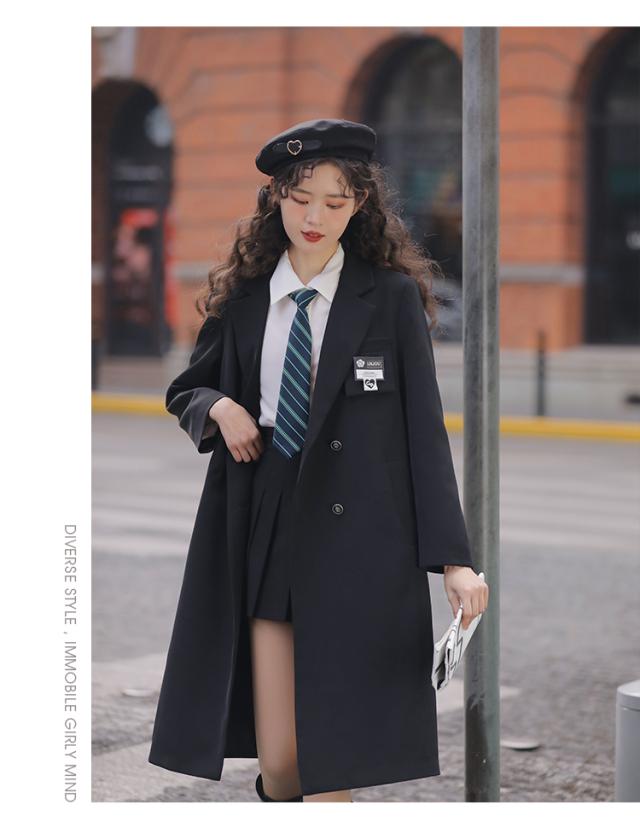 春秋 カレッジ スーツ アウター コート 上着 スーツ ミディアム丈 袖あり 長袖 Vネック 襟付き ストレート ダブルブレスト ポケット 前開き ボタン ポリエステル かわいい 大人可愛い カジュアル 大人 かっこいい レトロ 大人女子 こなれ感 ラブリー 無地 春 秋 10代 20代