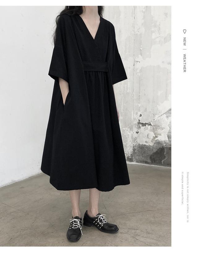 夏 ルーズ ロングスカート スカート ワンピース プルオーバー ロングスカート ワンピドレス ミディアム丈 袖あり 5分袖 Vネック 襟なし Aライン レギュラー ふわふわ 前開き 薄手 異素材MIX かわいい 大人可愛い 大人 おしゃれ レトロ こなれ感 ルーズ 無地 夏 10代 20代