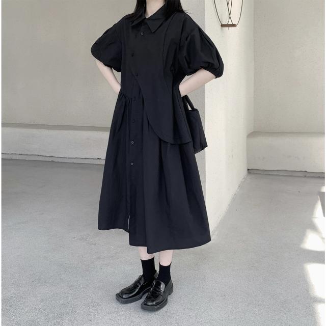 ワンピース スカート 襟付き ブラック 半袖 袖あり ロング かわいい 大人可愛い きれいめ シンプル カジュアル 大人 上品 おしゃれ お洒落 かっこいい レトロ アジアン エスニック エキゾチック 大人可愛い 大人女子 こなれ感 ラフ キュート ガーリー ルーズ 個性的 クール