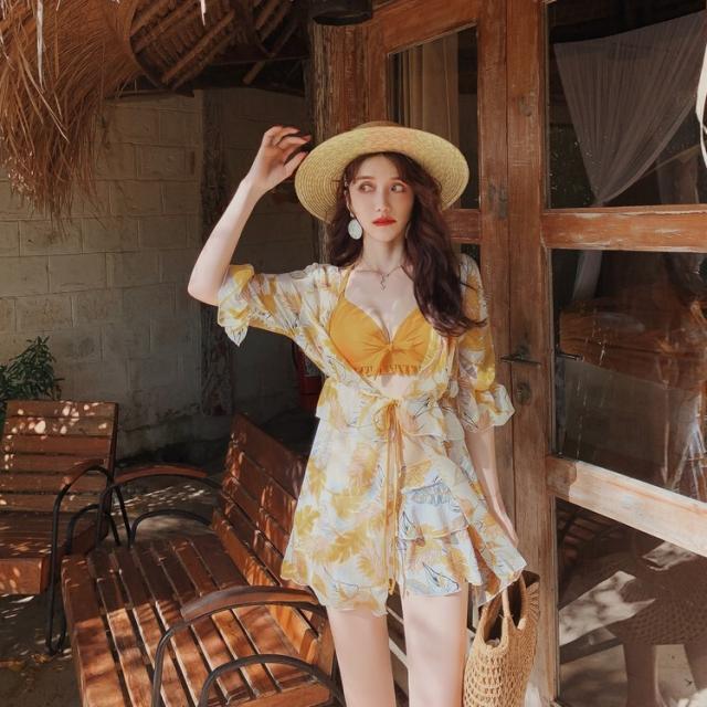 水着 ビキニ スイムウェア 三角ビキニ 体系カバー水着 スカパン 羽織り セパレート ホルターネック ワイヤー パッド付き 三角 体系カバー 二の腕カバー リボン シフォン ウエストマーク 透け感 シースルー 谷間魅せ 3点セット スリーピース 大人可愛い きれいめ ナチュラル