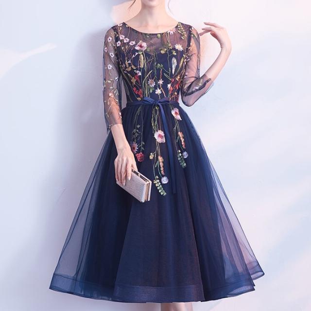 ドレス 衣装 パーティードレス 結婚式ドレス 二次会ドレス カラードレス ミモレ丈ドレス Aラインドレス ワンピースドレス ミモレ 袖あり 7分袖 七分袖 ラウンドネック 襟なし フレア チュール シフォン リボン ウエストマーク ウエストリボン ファスナー 大人可愛い 上品