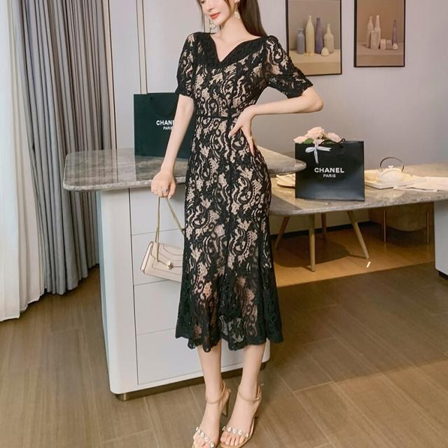 ドレス ワンピース パーティードレス パーティドレス ミモレ丈ドレス キャバ ワンピ マーメイドドレス ミモレ 袖あり 半袖 マーメイド マーメイドライン タイト レース ウエストマーク 切り替えデザイン ファスナー 透け感 シースルー フォーマル エレガント ゴージャス