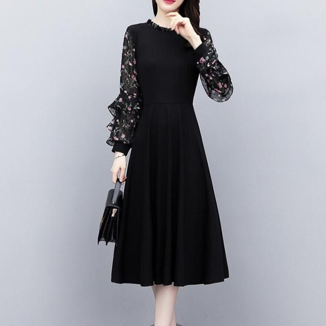 ドレス 膝丈ドレス フォーマルドレス Aラインドレス ブラックドレス ワンピースドレス ワンピドレス 膝丈 ひざ丈 袖あり パフスリーブ ラウンドネック ハイネック 襟なし Aライン フレア セミフレア シフォン フリル ウエストマーク 切り替えデザイン ドッキング 透け感