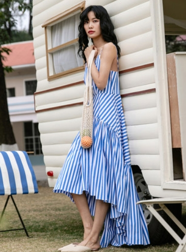 ワンピース シャツ ロングスカート シャツワンピース ロング丈 袖なし Vネック 細身 ストレート きれいめ カジュアル 大人 おしゃれ 大人可愛い 大人女子 柄 ストライプ 夏 10代 20代 30代 レディース 女性用 ママ デート 休日 海 ファッション 美脚 青 水色