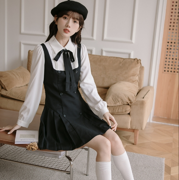 ワンピース ドールスカート シャツ リボン 長袖 袖あり 春 秋 冬 かわいい 大人可愛い きれいめ シンプル カジュアル 大人 上品 おしゃれ お洒落 かっこいい レトロ アジアン エスニック エキゾチック 大人可愛い 大人女子 こなれ感 ラフ キュート ガーリー ルーズ 個性的