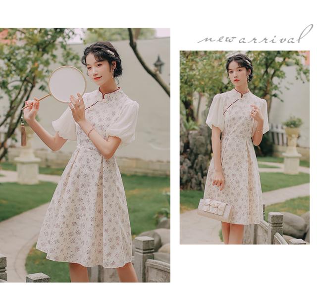ワンピース フレア 袖あり 半袖チャイナ チャイナドレス ドレス