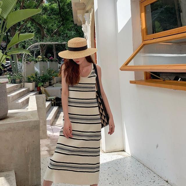 ワンピース ロング丈 ノースリーブ サマーニット かわいい 大人可愛い シンプル カジュアル お洒落 大人可愛い 大人女子 こなれ感 ラフ スポーティー ルーズ ボーダー 夏 10代 20代 30代 40代 レディース 女性用 ママ 学生 通学 デート お出かけ 女子会 休日 リゾート 旅行 海