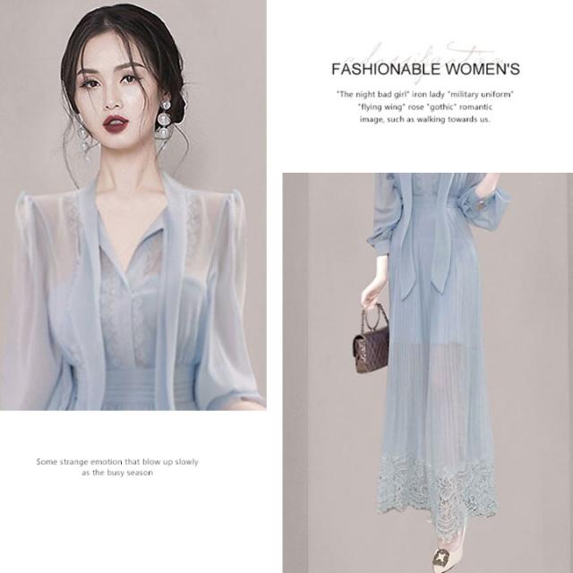 秋冬 シフォン ドレス プルオーバー ロングスカート プリーツスカート ロング丈 袖あり 長袖 Vネック 襟なし スリム レギュラー プリーツ レース ファスナー ハイウエスト ポリエステル 異素材MIX シフォン 大人可愛い きれいめ 大人 お洒落 エキゾチック 大人女子 セクシー