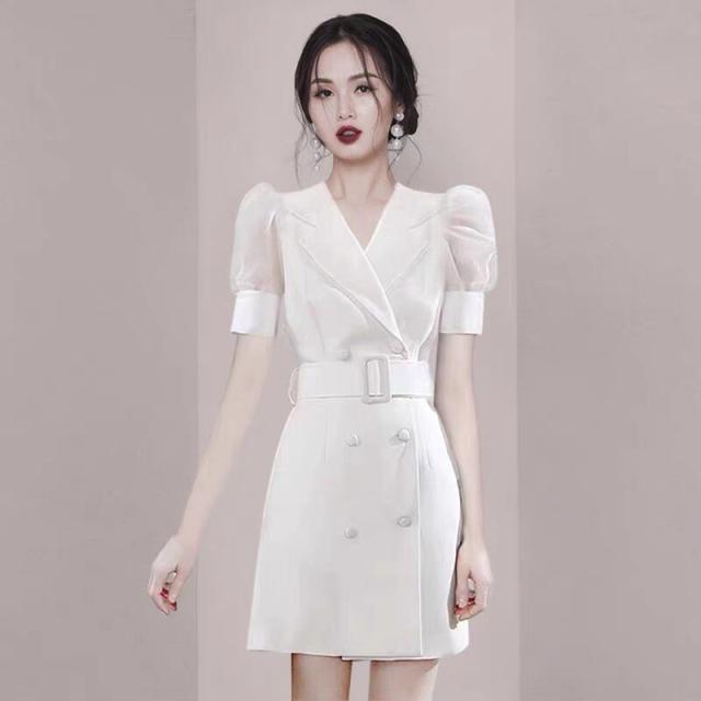 秋冬 デザイン スーツ ワンピース プルオーバー スーツ ショートスカート ワンピドレス ミドル丈 袖あり 半袖 Vネック 襟付き スリム Aライン レギュラー ベルト ハイウエスト 前開き ポリエステル 異素材MIX 大人可愛い きれいめ 大人 上品 お洒落 大人女子 キュート