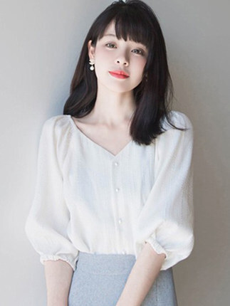 夏 フレンチ シャツ 上下セット トップス スカート シャツ ヒップスカート ショート丈 袖あり 五分袖 パフスリーブ Vネック 襟なし スリム レギュラー ふわふわ 前開き 透け感 ボタン 異素材MIX 上下セット かわいい 大人可愛い シンプル お洒落 大人女子 こなれ感 ラブリー