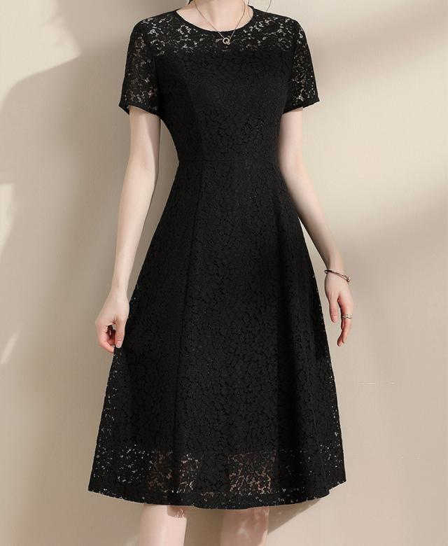 夏 レース ドレス ドレス ワンピース パーティドレス 膝丈ドレス フォーマルドレス Aラインドレス イブニングドレス ワンピドレス ミディアム丈 袖あり 半袖 ラウンドネック 襟なし Aライン 透け感 ミドルウエスト レギュラー 異素材MIX 大人可愛い シンプル 大人女子