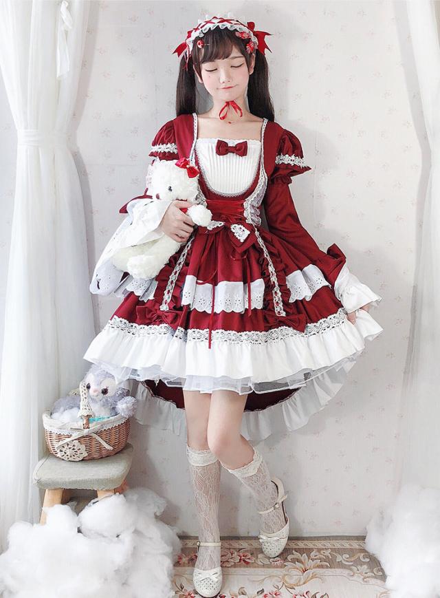夏冬 ロリータ プリンセス フルセット（帽子・脱着袖・ドレス） ワンピース オールインワン フリルスカート ミディスカート ワンピドレス 袖あり 半袖 長袖 スクエアネック 襟付き レギュラー フリル もこもこ ファスナー 透け感 異素材MIX かわいい カジュアル 上品 レトロ