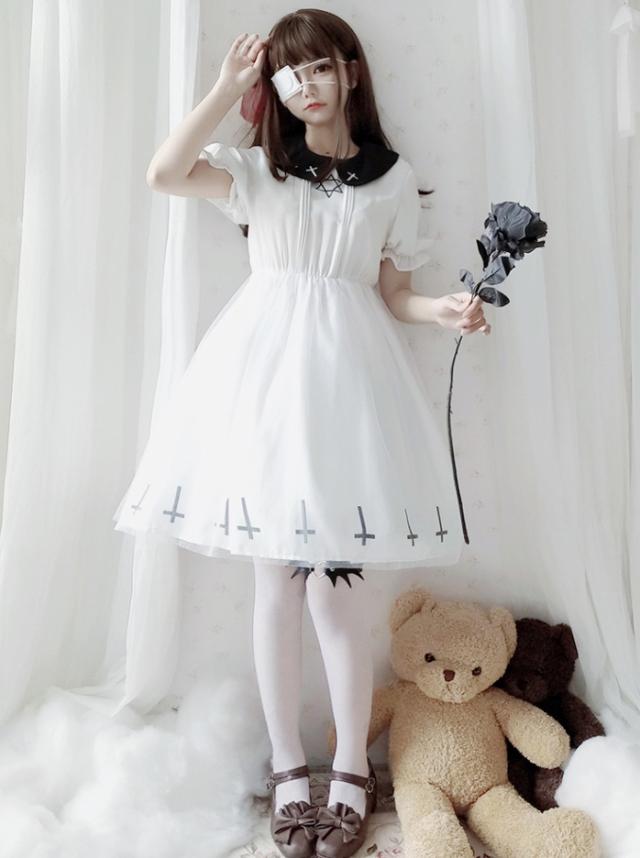 夏 ロリータ ドレススカート スカート ワンピース ロングスカート ワンピドレス 袖あり 半袖 ラウンドネック 襟付き スリム 細身 フリル ふわふわ ハイウエスト 薄手 異素材MIX 普通生地（春夏用） レース かわいい カジュアル 上品 お洒落 レトロ 大人女子 こなれ感 ラブリー