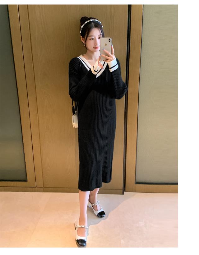 秋 ファッション マタニティドレス スカート ワンピース ニットソー セーター ロングスカート ミディスカート ワンピドレス 袖あり 長袖 Vネック 襟なし ルーズ もこもこ 編み込み 伸縮性 ルーズウエスト 綿 薄手 大人可愛い きれいめ シンプル 大人 上品 おしゃれ 大人女子