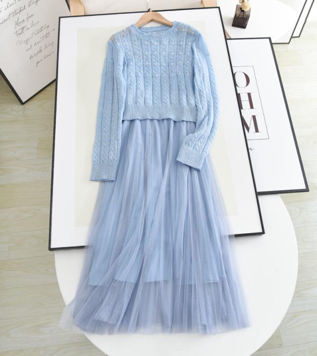 秋 ニット サスペンダー ツーピース トップス ワンピース ニットソー セーター ロングスカート ミディアム丈 袖あり ノースリーブ 長袖 ラウンドネック 襟なし サスペンダー スリム 細身 レギュラー レース フリル もこもこ 編み込み 伸縮性 ニット 薄手 異素材MIX レース