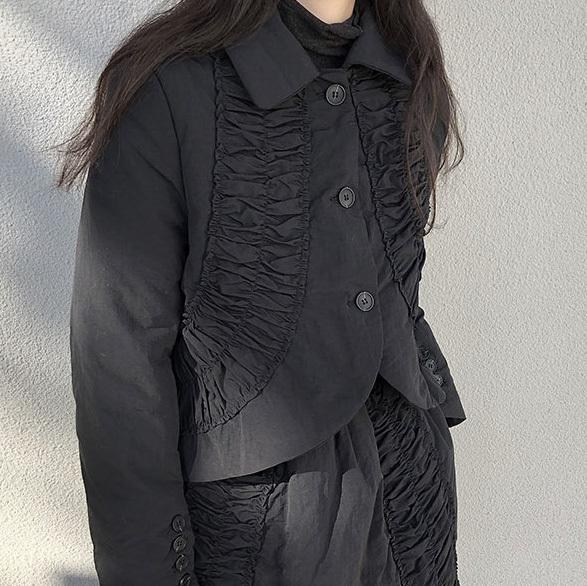 冬 ショート トップス トップス アウター ジャケット 上着 ショート丈 袖あり 長袖 ラウンドネック 襟付き シングルブレスト レギュラー もこもこ 前開き ルーズウエスト 厚手 異素材MIX 普通生地（秋冬用） かわいい 大人可愛い カジュアル お洒落 かっこいい こなれ感