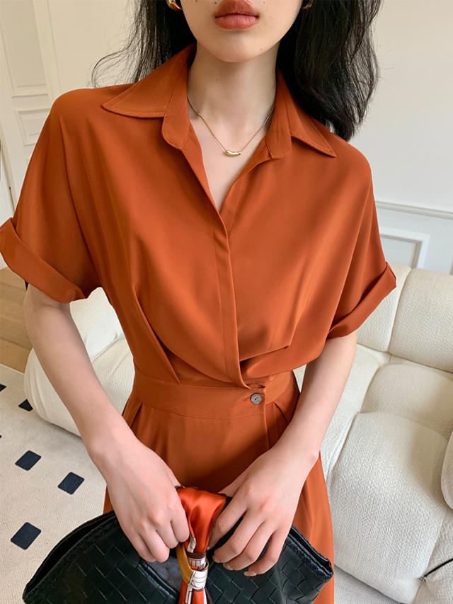 シャツワンピース ワンピース シャツ ブラウス 袖あり 半袖 5分袖 五分