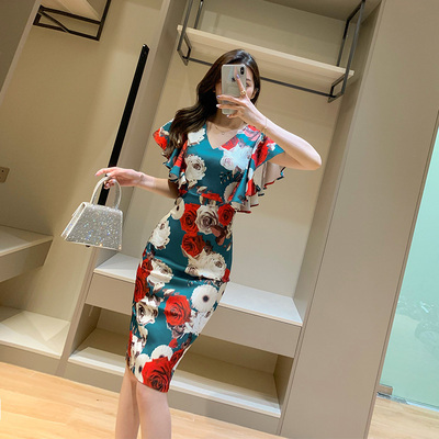 フリルデザイン 半袖 タイトミディアムワンピース レディース タイトワンピース ドレス ひざ丈 半袖 Vネック ハイウエスト シック フェミニン ワンピドレス パーティドレス 大人可愛い きれいめ 上品 エレガント フォーマル ガーリー 春 夏 秋 冬 二次会 お呼ばれ 謝恩会