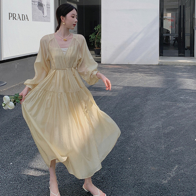 フレアワンピース ワンピース レディース ロング丈ワンピース Vネック 袖あり シアースリーブ チュール レース 袖 切り替え ドレス フェミニン 大人可愛い きれいめ 上品 エレガント フォーマル ガーリー ルーズ 春 夏 秋 冬 二次会 お呼ばれ 謝恩会 結婚式 披露宴 セレモニー