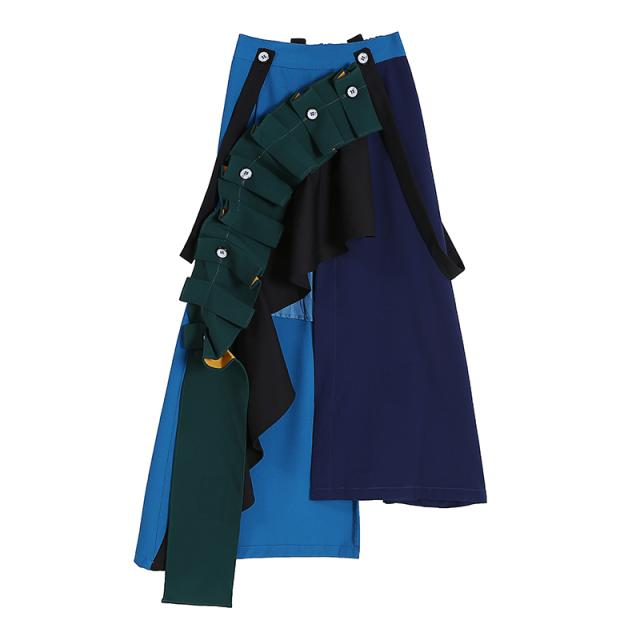 サスペンダースカート スカート ミニ丈 膝下 ミモレ丈 フレア 切り替えデザイン フリル かわいい おしゃれ 個性的 無地 オールシーズン お出かけ パーティー イベント 着回し ブラック ブルー グリーン ライトブルー