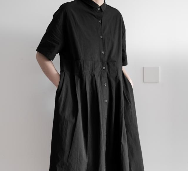 シャツワンピース 半袖 襟付き Aライン シンプル カジュアル こなれ感 マニッシュ 無地 夏 秋 お出かけ 休日 普段使い 体系カバー ゆる 黒 ブラック