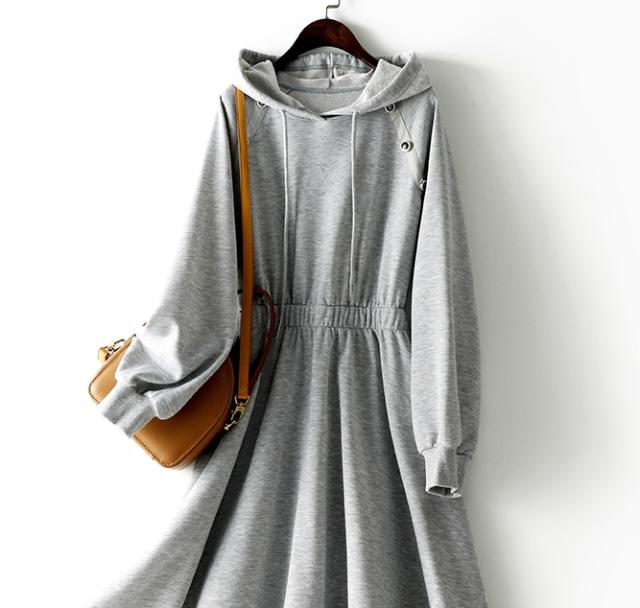 パーカーワンピース ワンピース パーカー ロング丈 長袖 Aライン 切り替えデザイン フード付き ウエストゴム シンプル カジュアル こなれ感 ラフ ルーズ 無地 秋 冬 学生 デート お出かけ 休日 普段使い モテ グレー