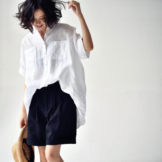 シャツ ブラウス 白シャツ 白トップス 半袖 リネン きれいめ シンプル カジュアル 上品 こなれ感 ラフ メンズライク エレガント 無地 春 夏 秋 OL お出かけ 休日 着回し 普段使い 重ね着 ホワイト