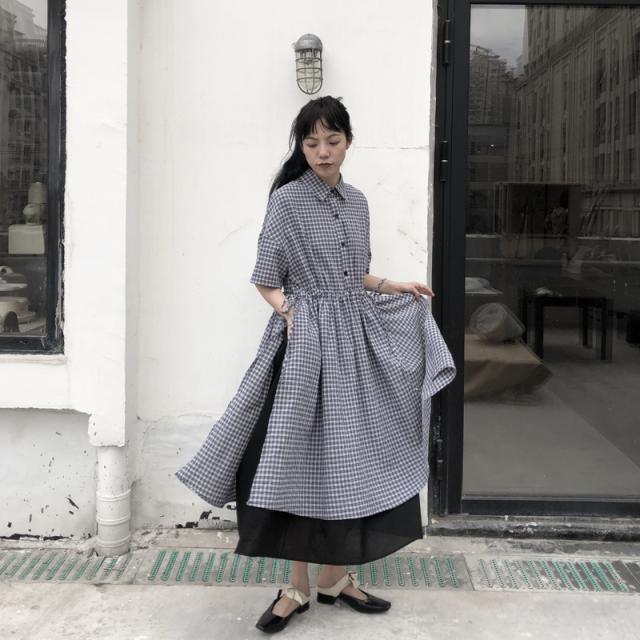 シャツワンピース ロング丈 半袖 襟付き Aライン ウエストリボン かわいい ガーリー 無地 格子柄 春 夏 秋 学生 デート お出かけ 休日 普段使い 楽ちん 体系カバー ブラック