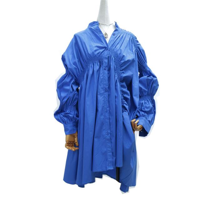 シャツワンピース ショート丈 膝上 長袖 ホルンスリーブ Vネック