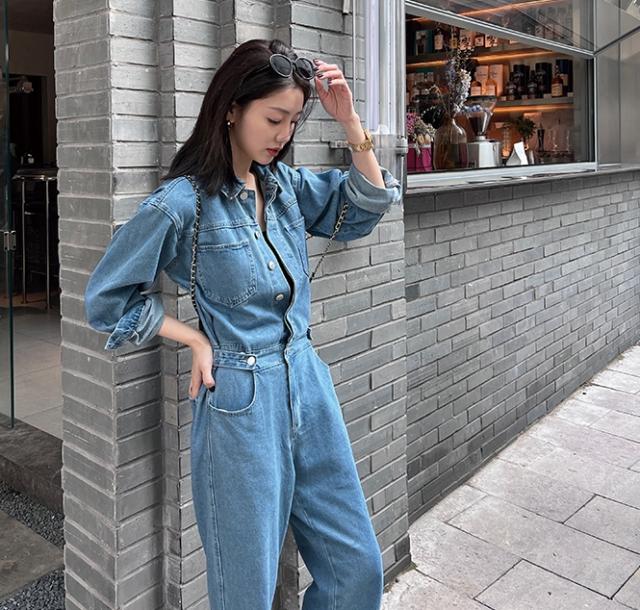 オールインワン Gジャン Gパン デニムパンツ 長袖 デニム ブルーデニム カジュアル かっこいい こなれ感 ラフ メンズライク ボーイッシュ 無地 春 秋 冬 お出かけ 休日 アウトドア リゾート 旅行 着回し 普段使い ダメージ ブルー