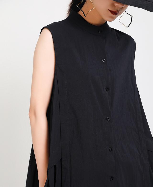 シャツワンピース フレアワンピース ロング丈 袖なし ノースリーブ V