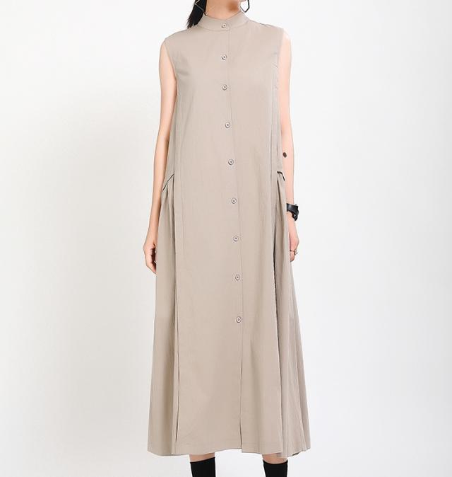 シャツワンピース フレアワンピース ロング丈 袖なし ノースリーブ V