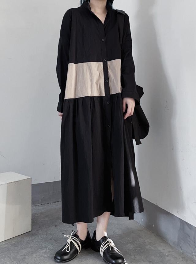 ワンピース シャツワンピース ロング丈 マキシ丈 長袖 ドロップショルダー 萌袖 スタンドカラー ハイネック フレア セミフレア ワイド サイドスリット 切り替えデザイン ポケット 前開き 綿 麻 大人可愛い シンプル カジュアル おしゃれ 大人女子 こなれ感 ルーズ 個性的