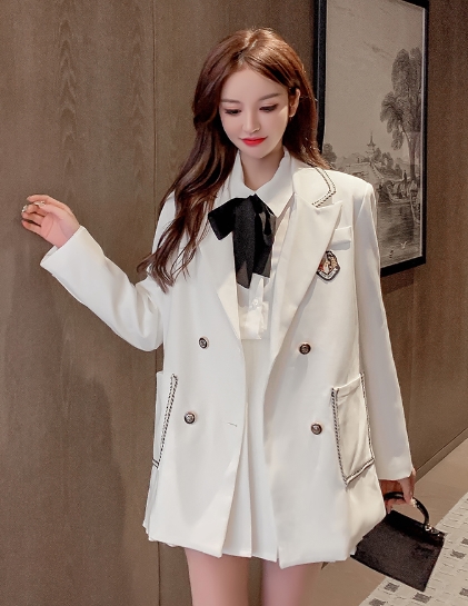 カレッジスタイル セットアップ 上着 スーツ コスプレ 制服 白シャツ プリーツスカート ミニ 長袖 リボン ポケット 3点セット スリーピース かわいい ラブリー キュート オールシーズン シーズンレス 入学式 卒業式 10代 女の子 学生 通学 お揃い 韓国系 オルチャン