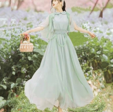 フレンチレトロ ドレス ワンピース パーティードレス カラードレス ロングドレス ステージドレス Aラインドレス ロング丈 5分袖 フレアスリーブ ラウンドネック 襟付き Aライン フレア シフォン ウエストマーク 透け感 かわいい ラブリー ガーリー 個性的 主役級 抜け感