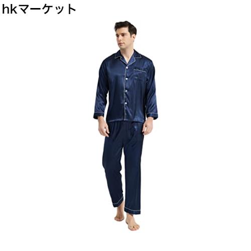 [KUMASEN] メンズ パジャマ シルク サテン 上下セット ルームウェア 部屋着 肌に優しい 前開き長袖 ネイビーXXL