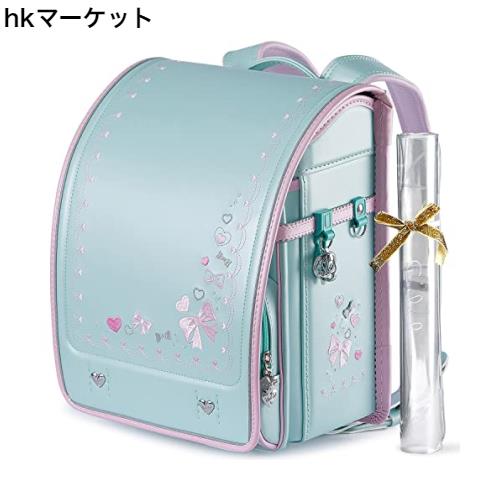 [Coulomb] クーロン ランドセル女の子小学生通学カバン 高級人工皮革パール生地 ワンタッチロック ハート＆蝶結び刺繍 ？売者6年保証 透明