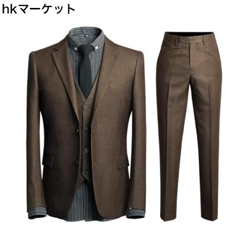 [YFFUSHI] スーツ メンズ 3点セット ジャケット スラックス ベストチェック ビジネス カラバリ豊富 (ブラウン,S)
