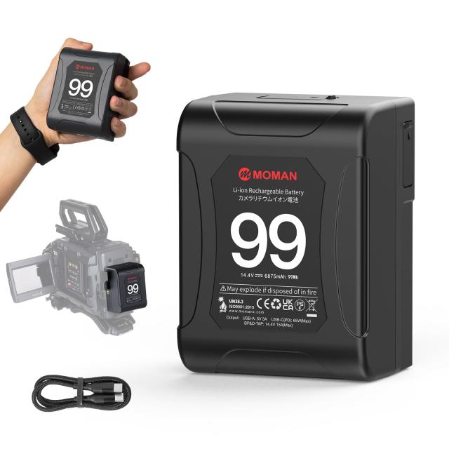 Vマウントバッテリー,機内持ち込み可能 6875mAh(99Wh/14.4V) ダブルD-tap/USB-C BMPCC 4k/6K PD 65W 出力端子 重量530g カメラ、撮影ライ