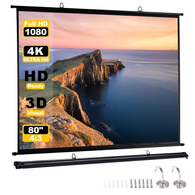プロジェクター スクリーン 吊り下げ、スクリーン プロジェクター用、スクリーン 80インチ 4:3 ファイバーグラス、持ち運びや収納に便利