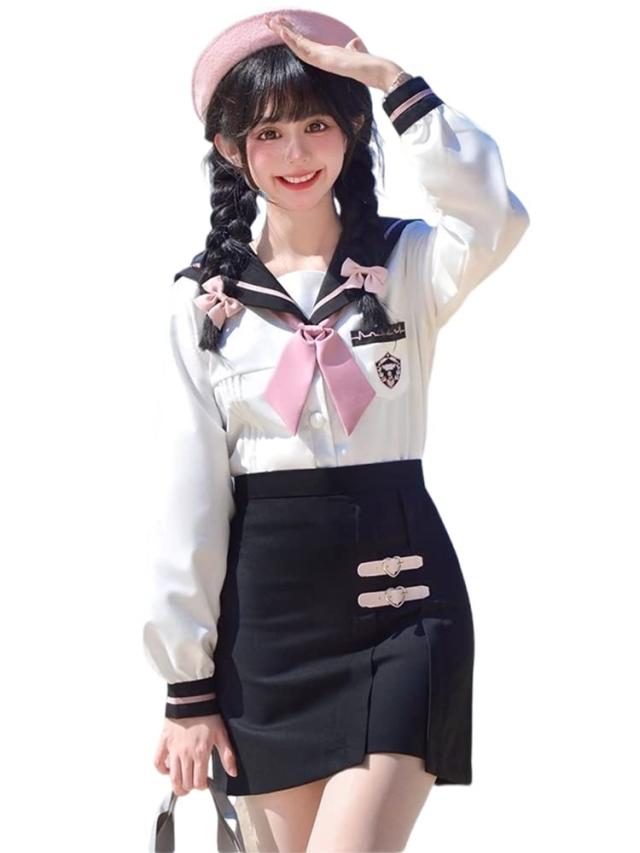 [YAISHN] セーラー服 制服 コスプレ 仮装 ハロウィン 長袖 タイトスカート リボン ブラック ピンク 上下セット 女子制服 本格制服 無地 Jの通販はau PAY マーケット ...