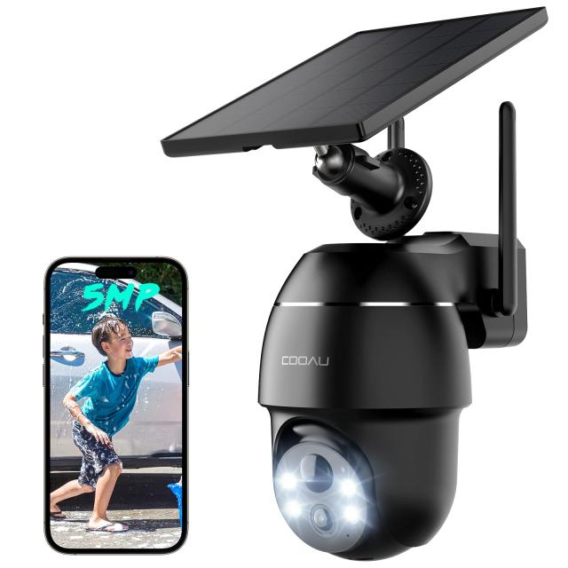 【2024最新500万超高画素】COOAU 防犯カメラ 屋外 ソーラー 電源不要 工事不要 4灯夜間カラー撮影 PIR人体検知 4dBiWiFi強化 360°広角撮