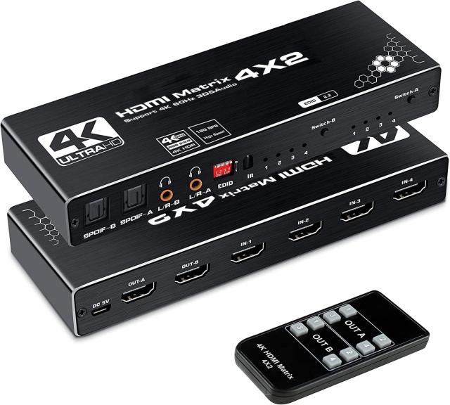 avedio links 4K@60Hz HDMIマトリックス4入力2出力 HDMI切替器 音声分離器 光デジタル/SPDIF/L/Rオーディオ出力 リモコン操作 HDMI 2.0b